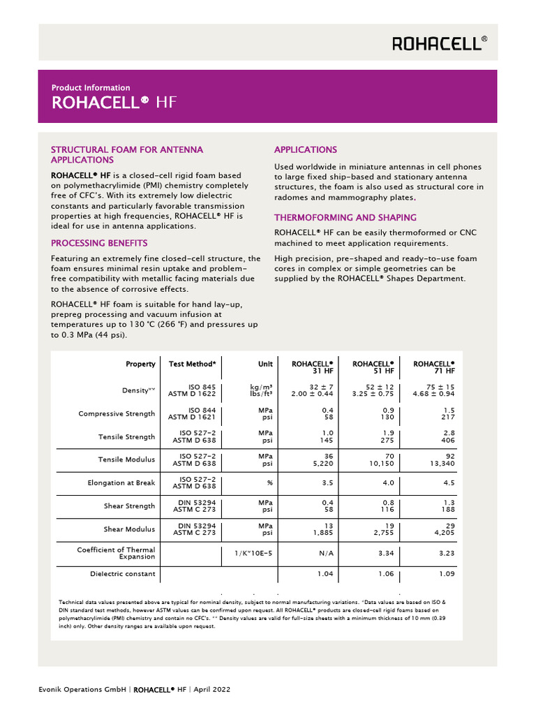 Rohacell HF 2022 April en 243298 | Download Free PDF | Pascal (Unit) | Foam