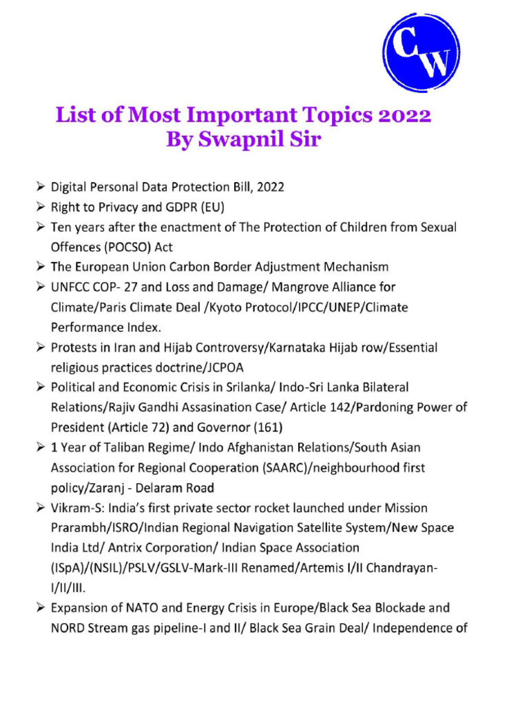 List of Most Important Topics by Swapnil Raman Sir | PDF
