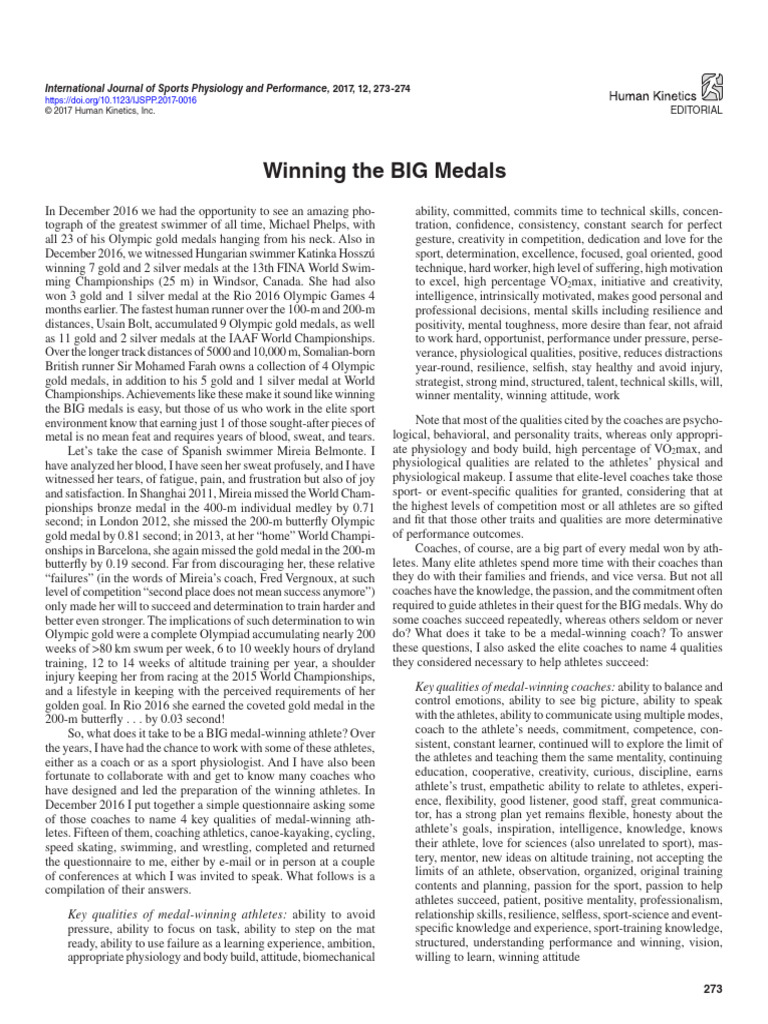 (2017 - Mujika) Winning The Big Medals (1) 2 | PDF | Sports Science | Science
