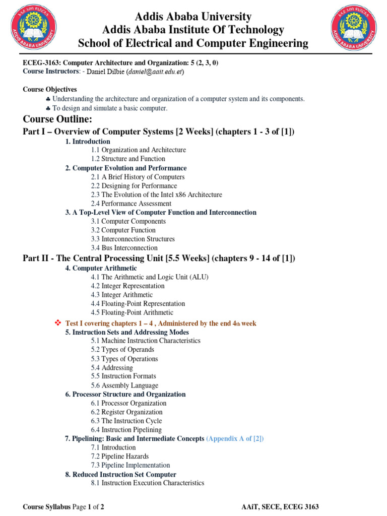 ECEG-3163 Comp Arch Course Outline | PDF | Central Processing Unit | Computer Data Storage