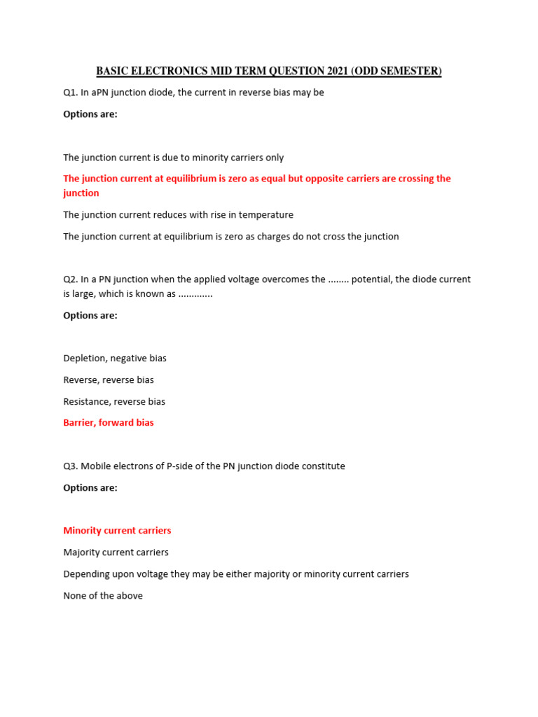 PN Junction Diode Behavior Questions | PDF | P–N Junction | Semiconductors