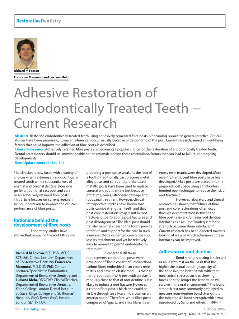 Adhesive Restoration of Endodontically Treated Teeth | PDF | Dental ...