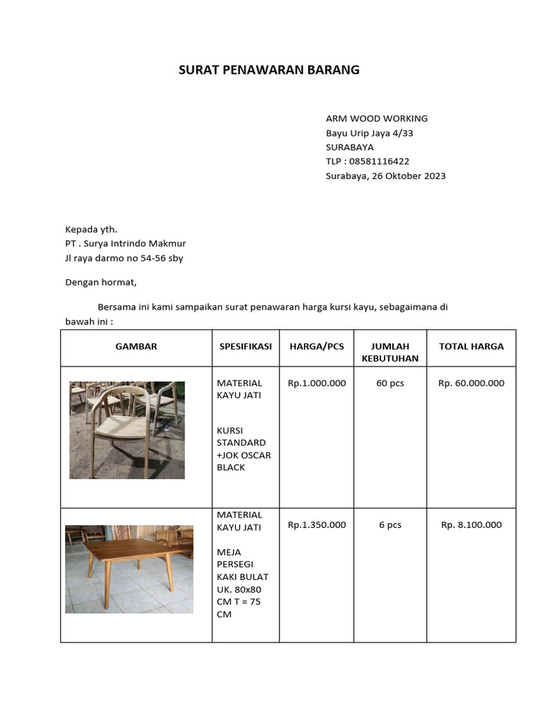 Penawaran Harga Furnitur Kayu Jati | PDF