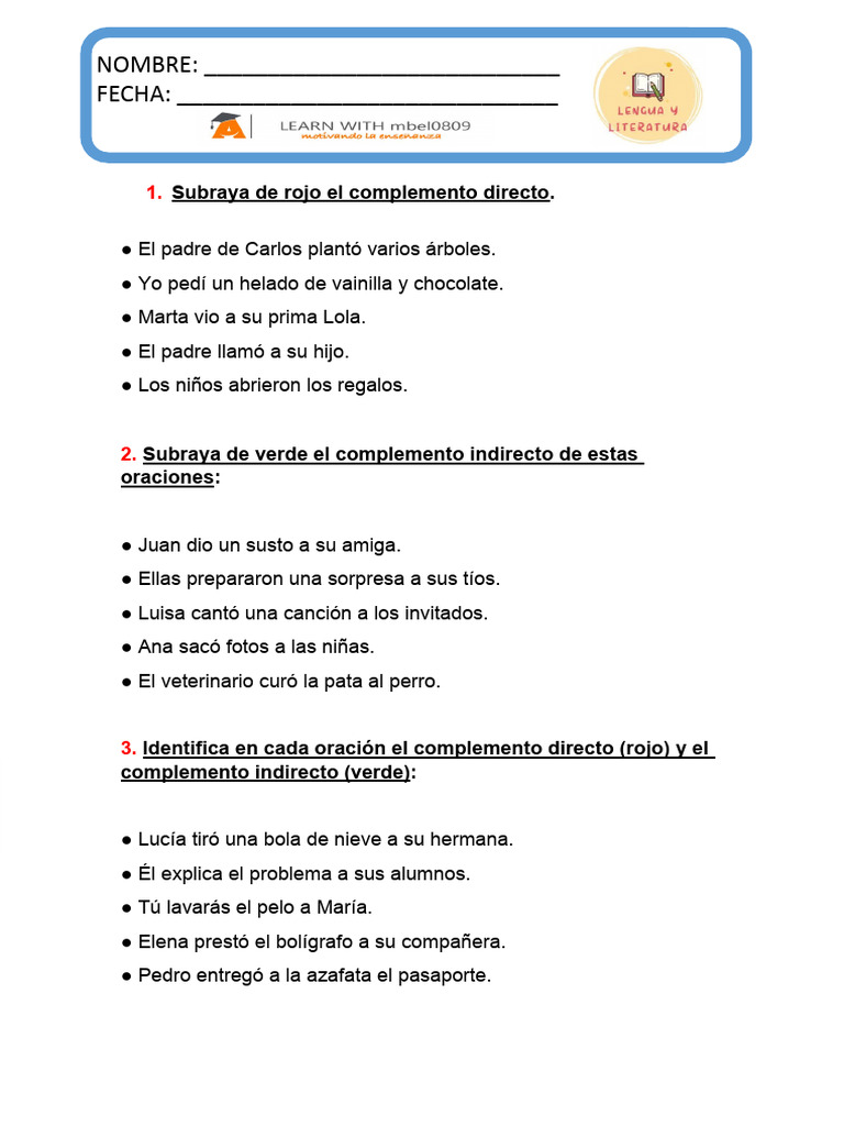 Ejercicios de Complementos Directos e Indirectos | PDF