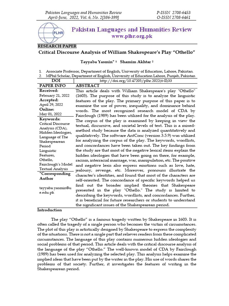 Critical Discourse Analysis of William Shakespeare S Play Othello | PDF ...