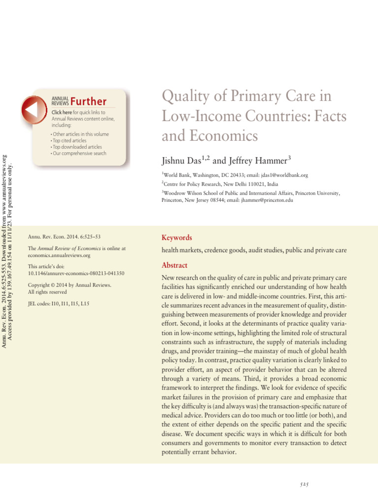 Das Hammer 2014 Quality of Primary Care in Low Income Countries Facts ... Das Hammer 2014 Quality of Primary Care in Low Income Countries Facts ...