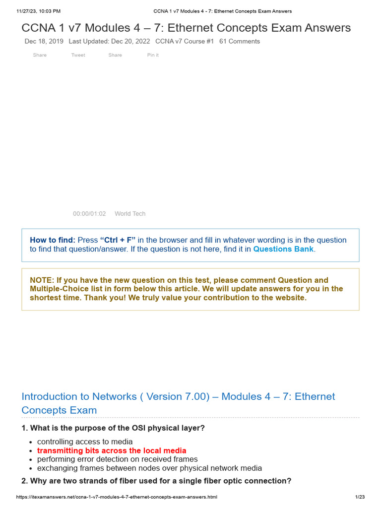 CCNA 1 v7 Modules 4 - 7 - Ethernet Concepts Exam Answers | PDF ... CCNA 1 v7 Modules 4 - 7 - Ethernet Concepts Exam Answers | PDF ...