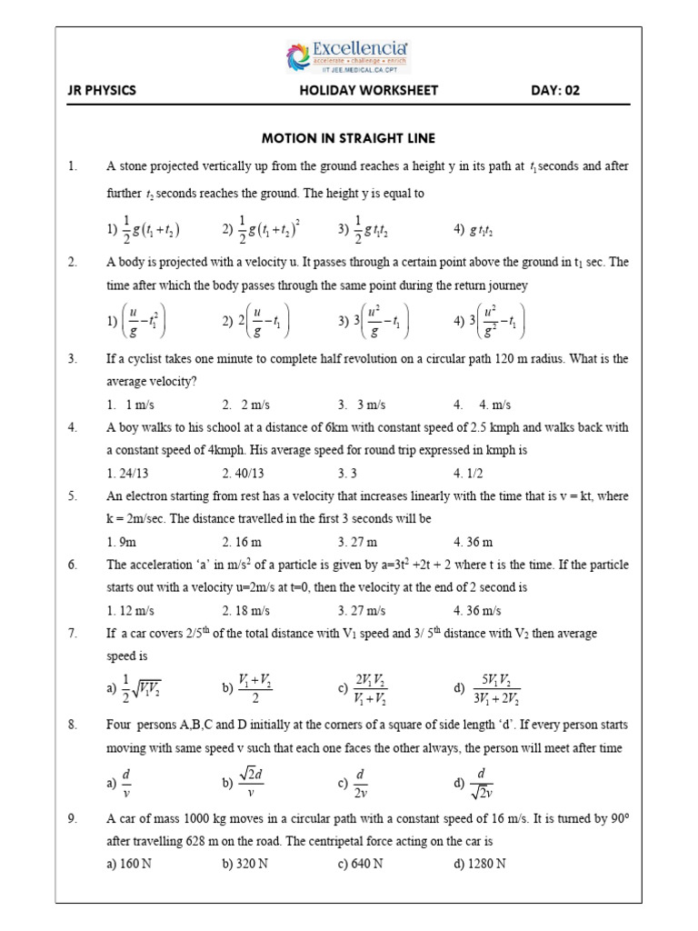 JR Physics Day-2 HW | PDF | Speed | Velocity