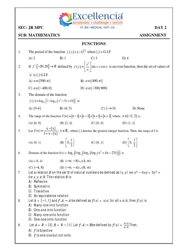 JR Maths Holyday Assignment Day 2 | PDF | Function (Mathematics ...