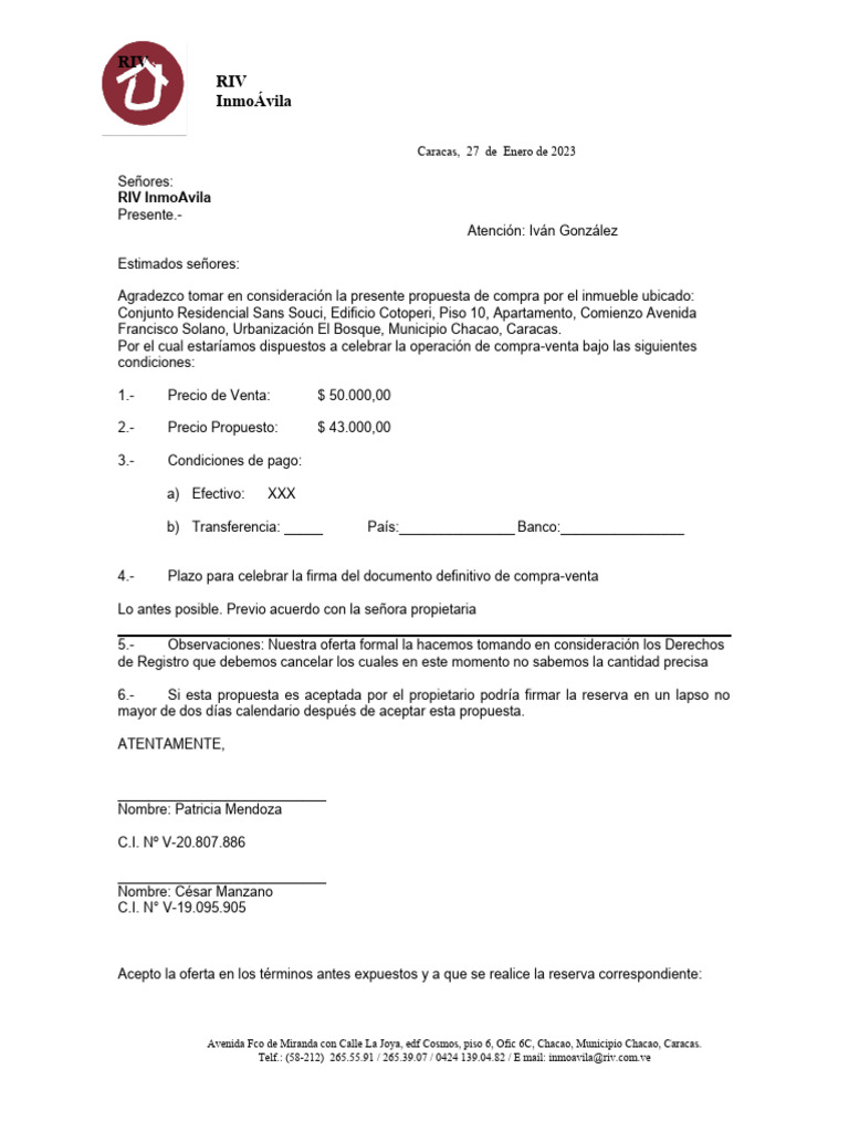 Carta de Propuesta RIV compra Patricia-Cèsar | PDF