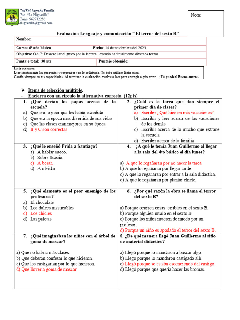 Prueba El Terror Del 6° B 6°básico | PDF