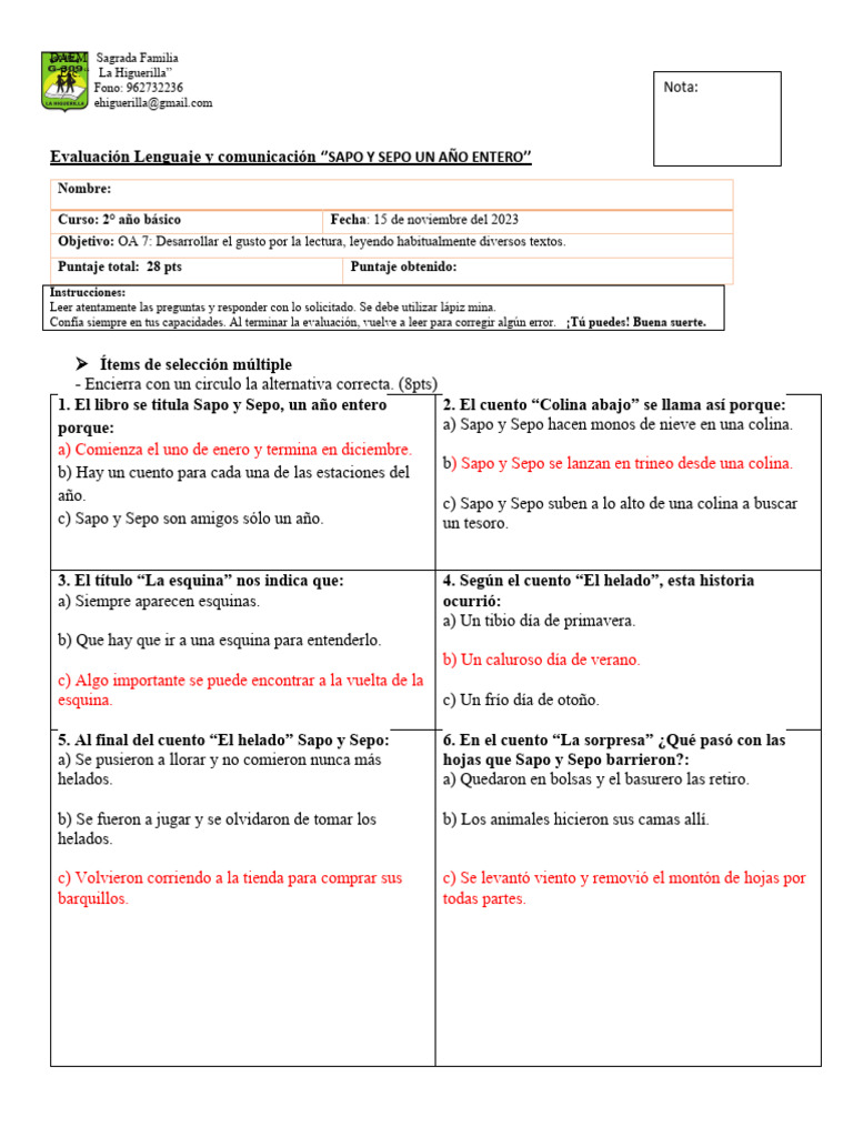 Evaluacion Sapo y Sepo Un Año Entero | PDF