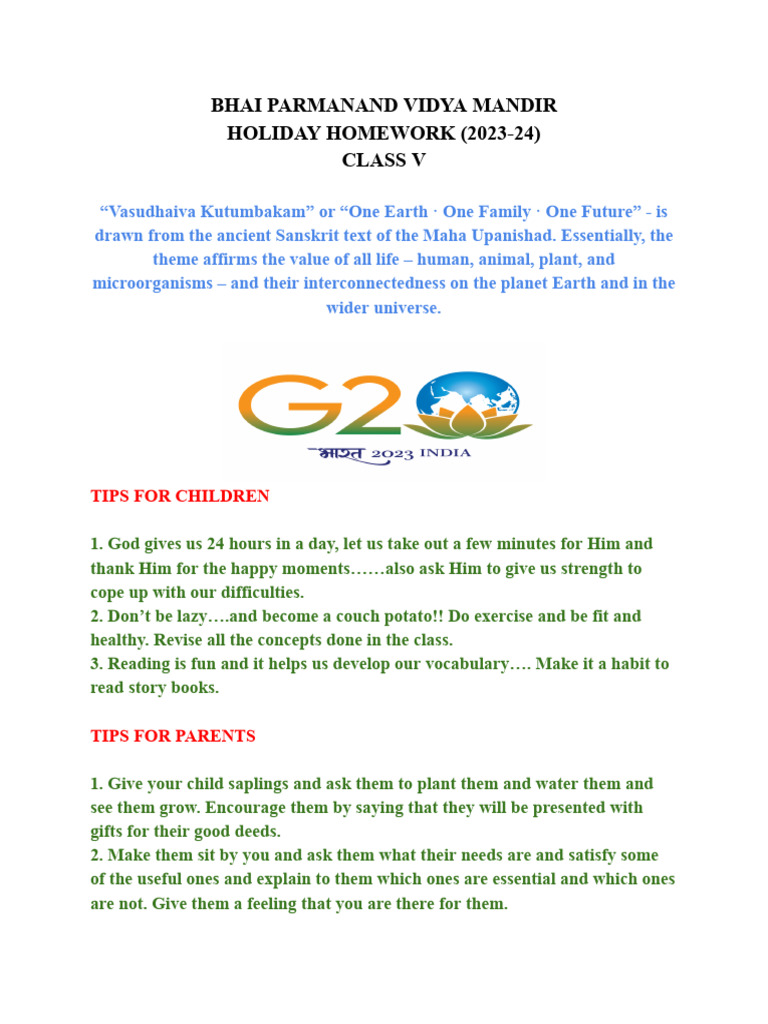 Holiday Homework Class 5 2023 24 | PDF | Climate Change | Pollution