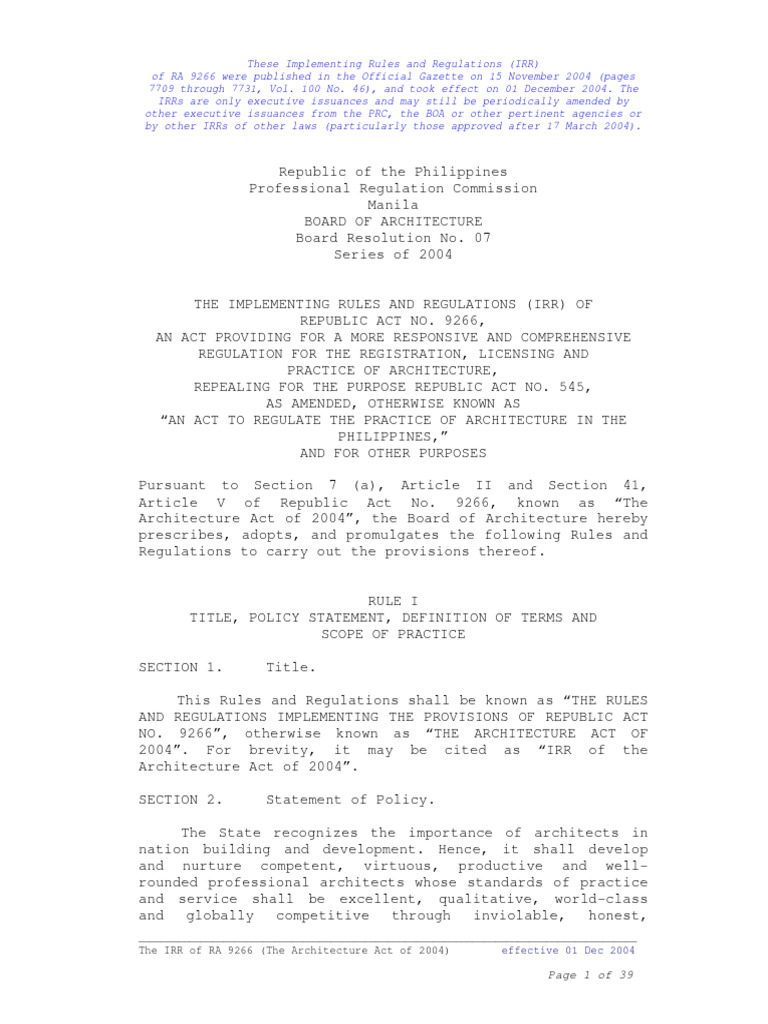 IRR of RA 9266: Architecture Act 2004 | PDF | Architect | Licensure