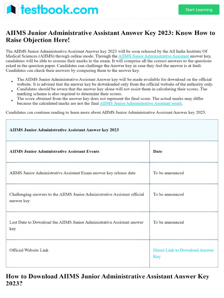 AIIMS Junior Administrative Assistant Answer Key 2023 - Know How To Raise Objection Here! | PDF
