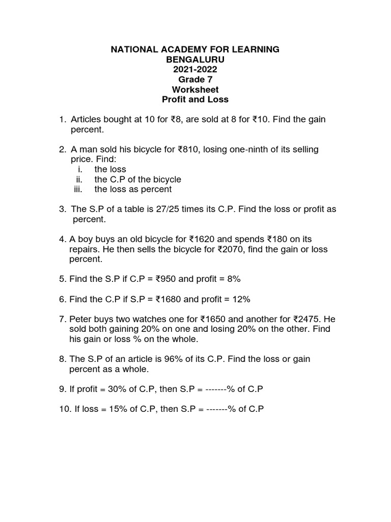 Grade 7 Profit and Loss Worksheet | PDF