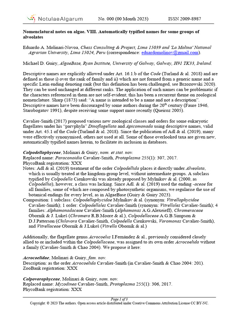 Nomenclatural Notes On Algae. VIII. Automatically Typified Names For ...