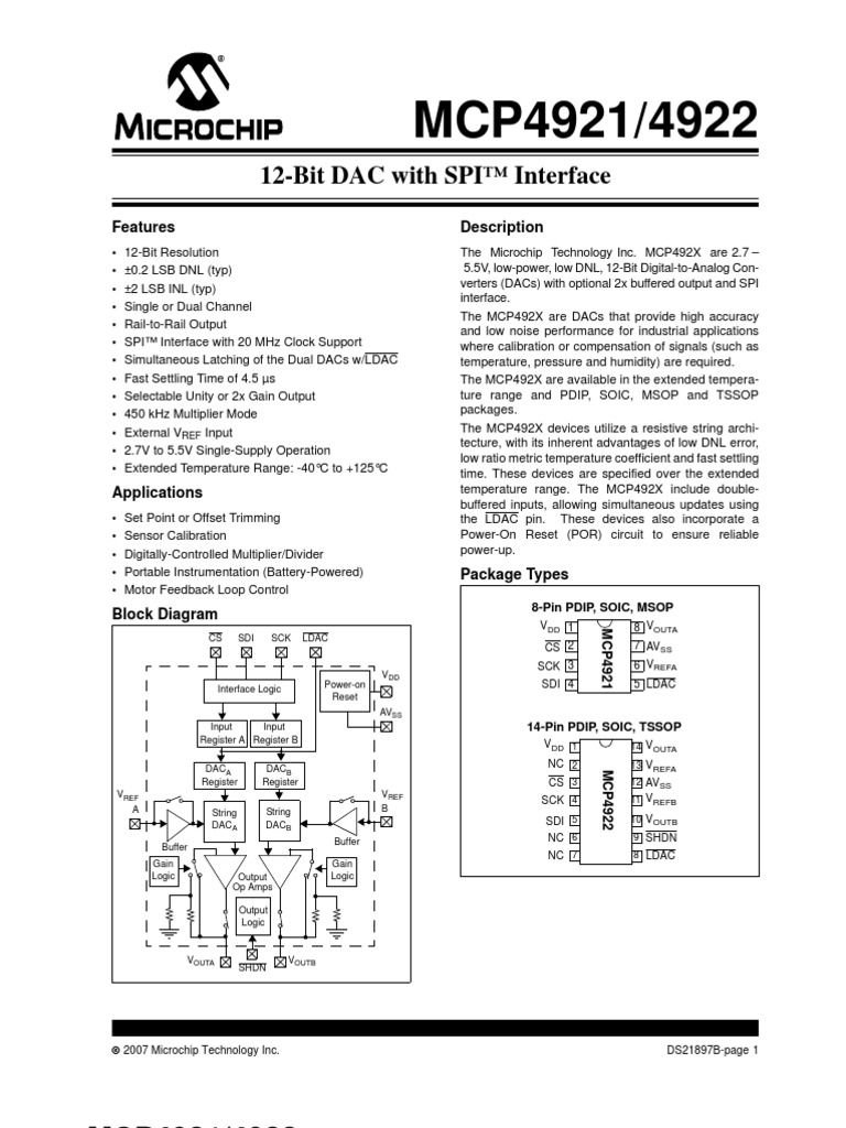 MCP4921, MCP4922 12bit Serial DAC | PDF | Amplifier | Digital To Analog Converter
