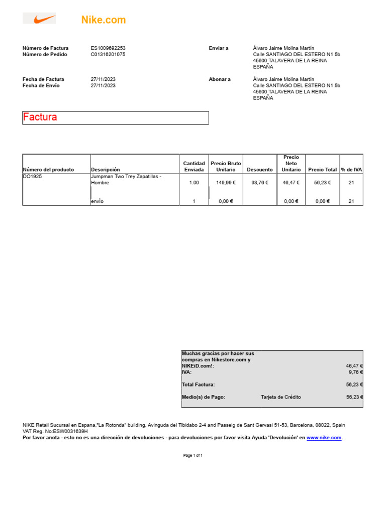 Factura Zapatillas Nike | PDF | Documentos empresariales | Contabilidad