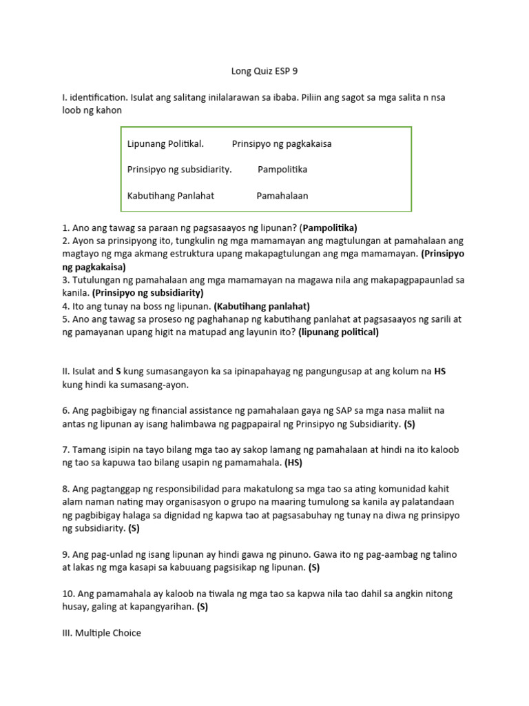 Long Quiz ESP 9 | PDF