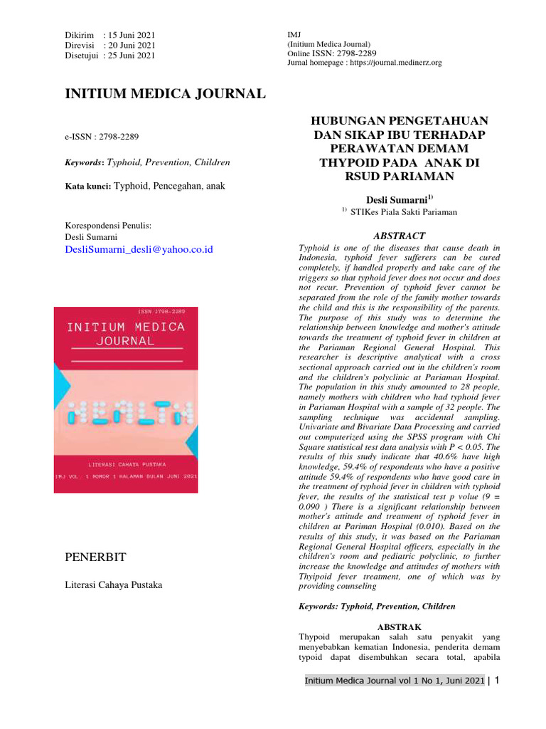 Initium Medica Journal: Hubungan Pengetahuan Dan Sikap Ibu Terhadap Perawatan Demam Thypoid Pada ...
