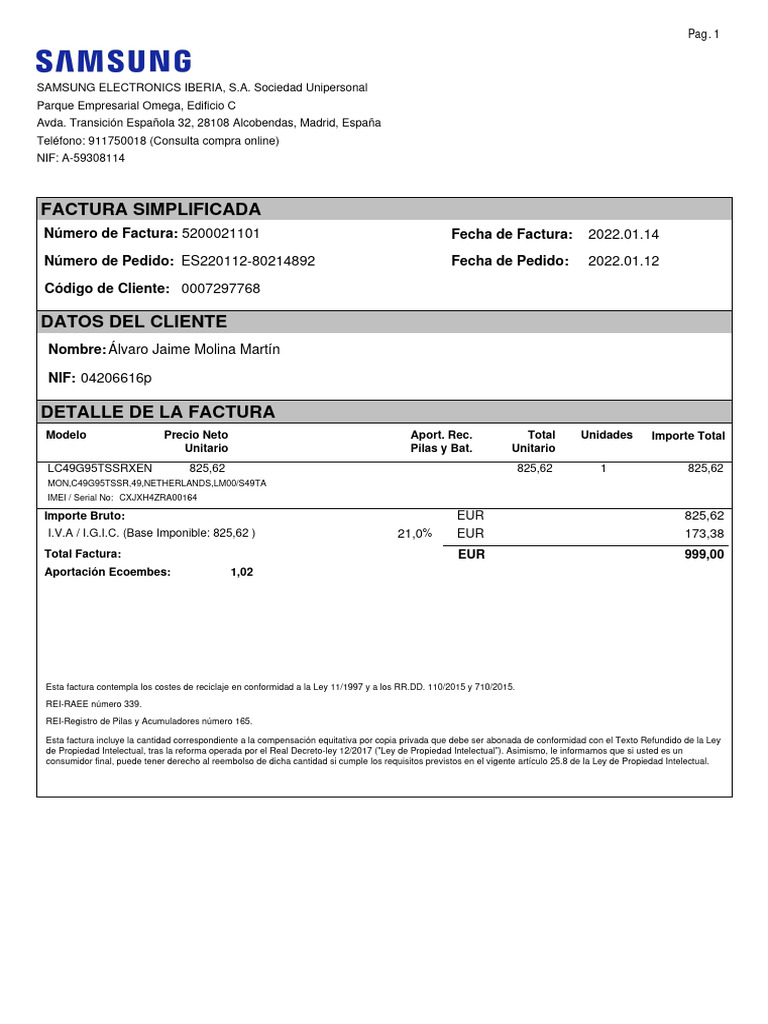 Factura Monitor Samsung | Descargar gratis PDF | Business