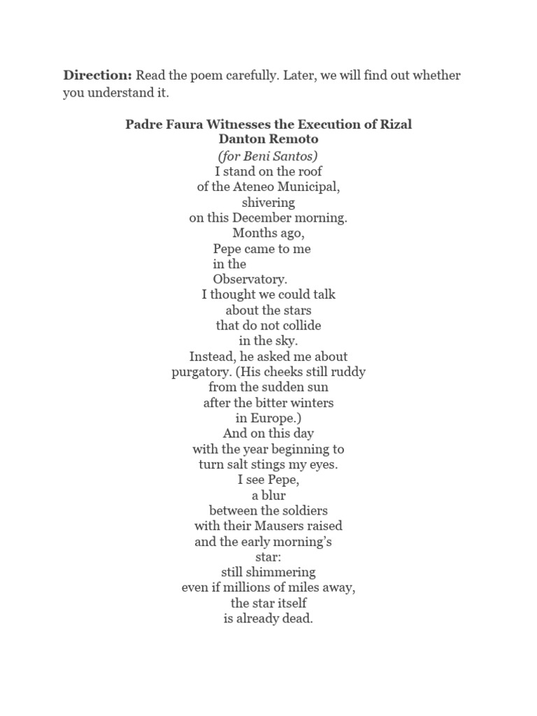 Padre Faura Witnesses The Execution of Rizal Poem | PDF