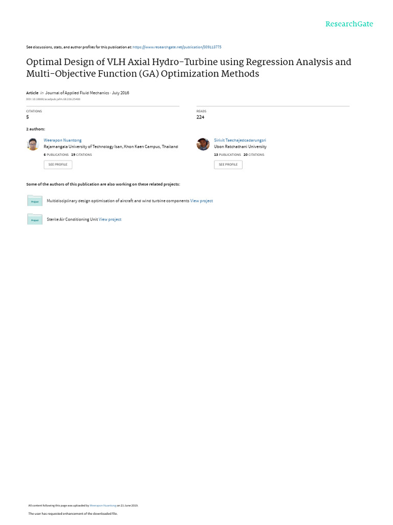 Optimal Design of VLH Axial Hydro-Turbine Using Regression Analysis andMultiObjective Function ...