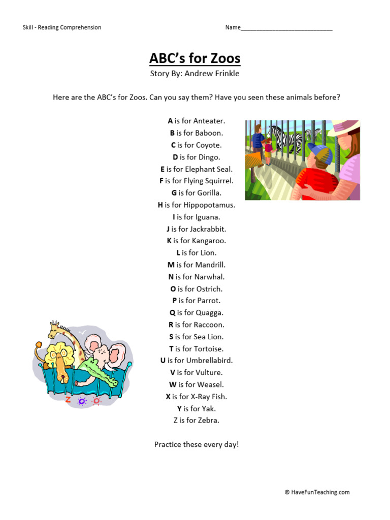 ABCs For Zoos First Grade Reading Comprehension Worksheet | PDF