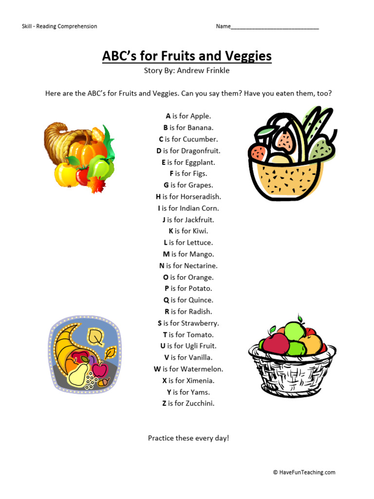 ABCs For Fruits and Veggies First Grade Reading Comprehension Worksheet ...