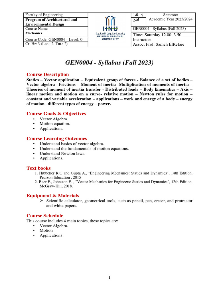 GEN0004 - Syllabus (Fall 2023) | PDF | Force | Inertia