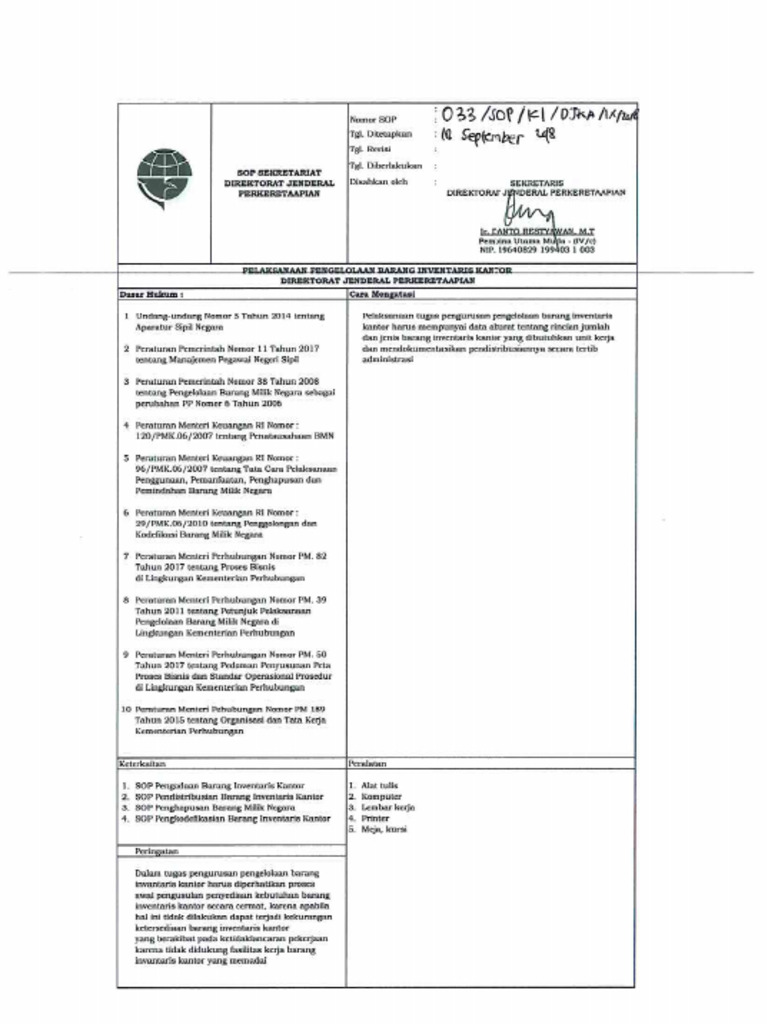Contoh SOP Pelaksanaan Pengelolaan Barang Inventaris Kantor | PDF