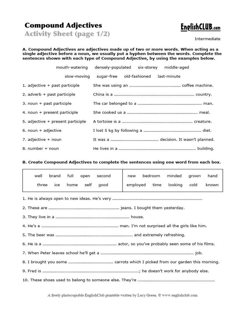 Compound Adjectives Activity Sheet | PDF | Adjective | Noun