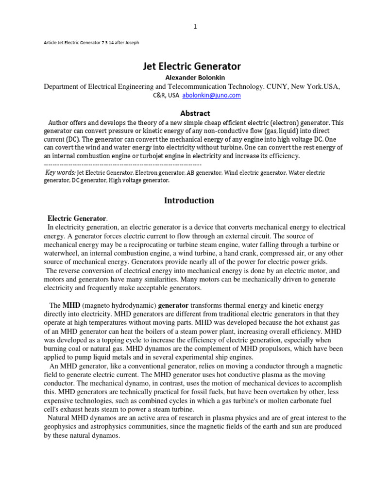 Efficient Jet Electric Generators | PDF | Electric Generator ...