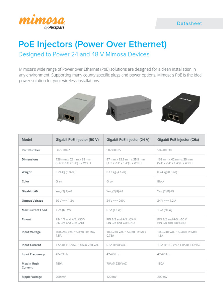 PoE Injectors for Mimosa Devices | PDF | Alternating Current ...