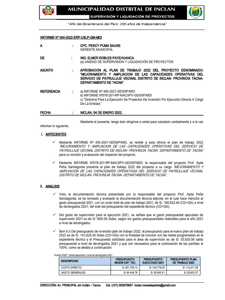 Informe #004-2022-Erp-Uslp-Gm-Mdi - Aprobacion Del Plan de Trabajo ...