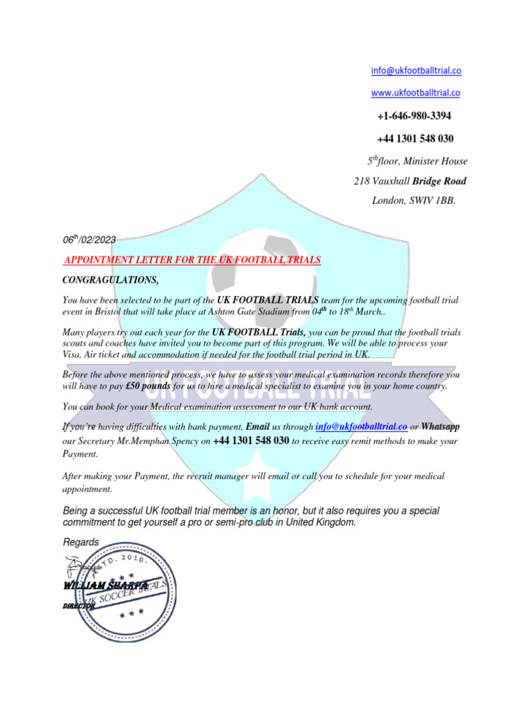 Uk Football Trials March Appointment Letter | PDF