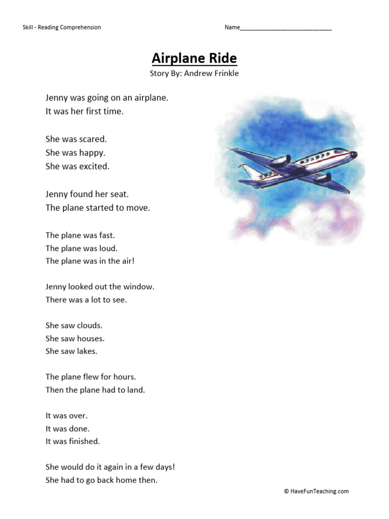 Airplane Ride First Grade Reading Comprehension Worksheet | PDF