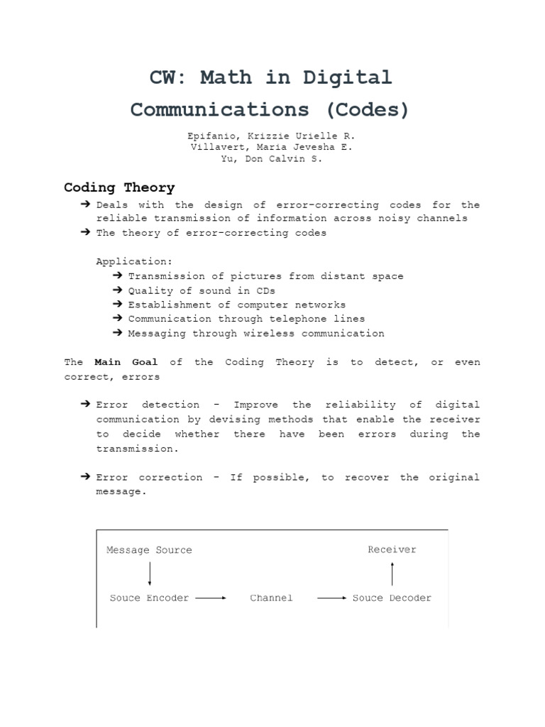 CW Math in Digital Communications Codes PDF | PDF | Error Detection And Correction | Code