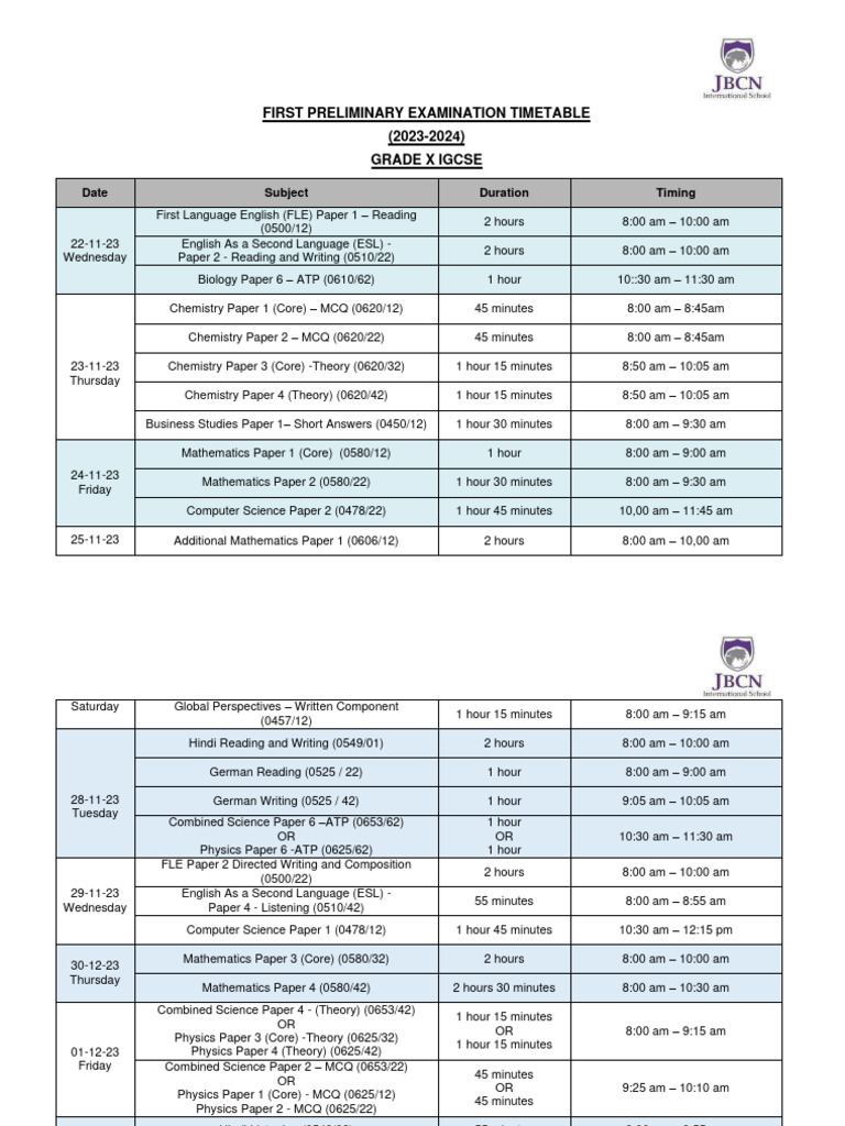Final First Preliminary Examination Timetable Grade X IGCSE - 2023-24 ...