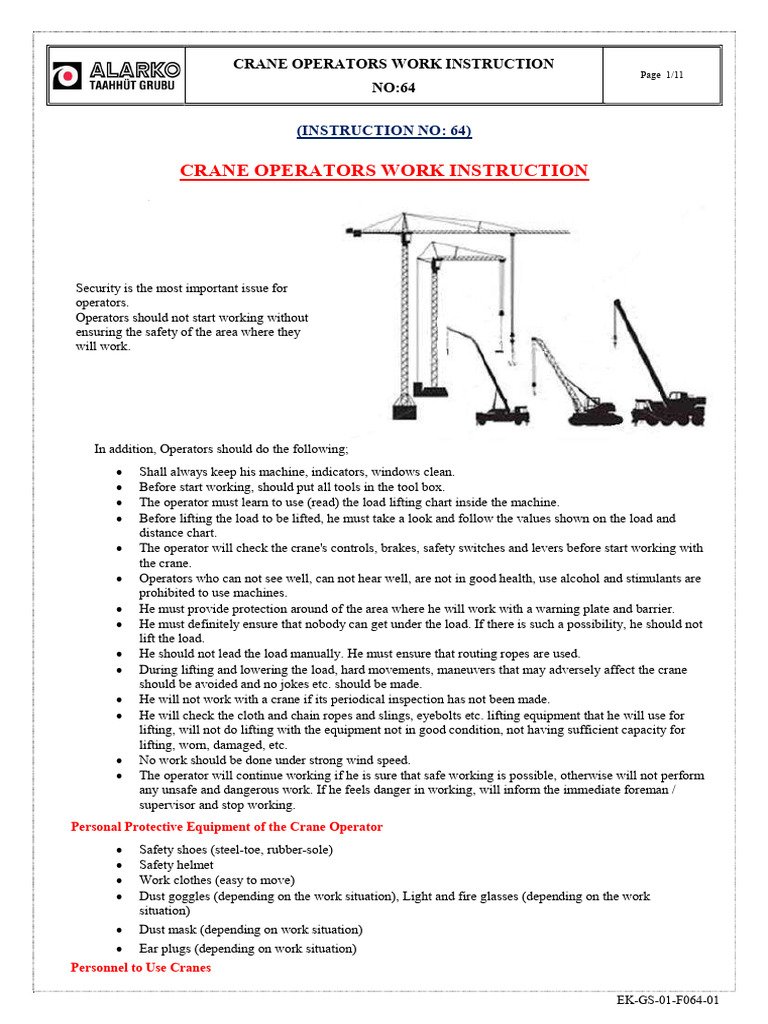 Crane Operators Work Instruction | PDF | Crane (Machine) | Electric ...