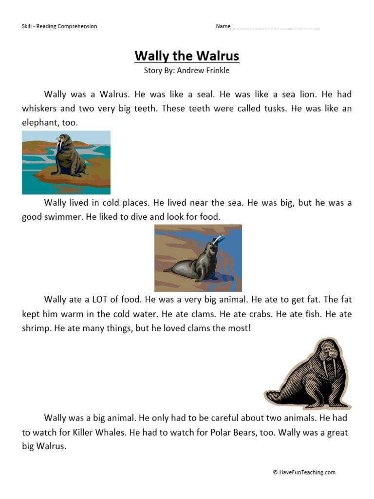 Wally The Walrus Second Grade Reading Comprehension Worksheet | PDF ...
