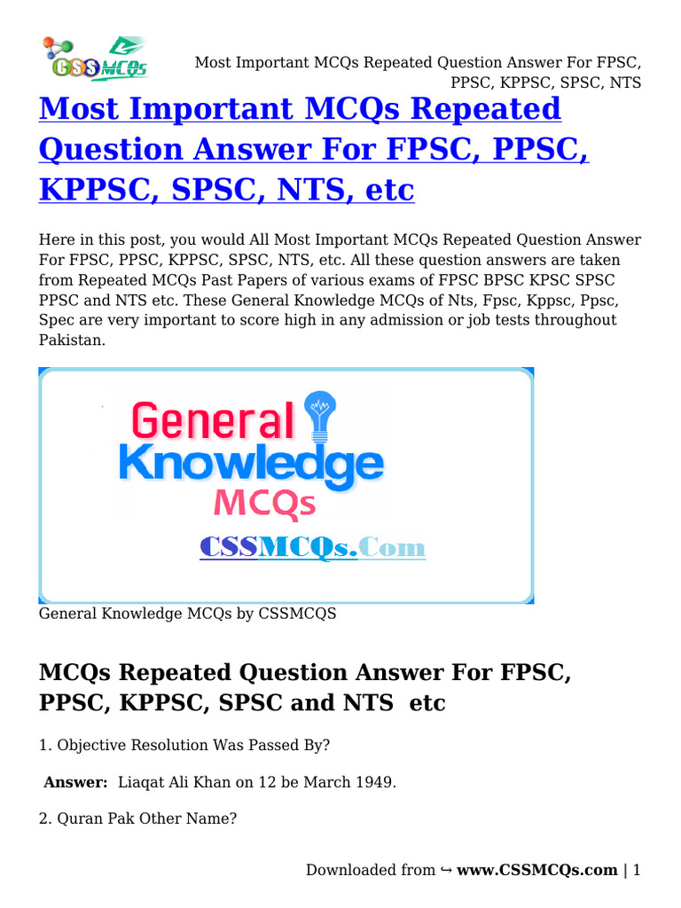 Most Important MCQs Repeated Question Answer For FPSC, PPSC, KPPSC ...