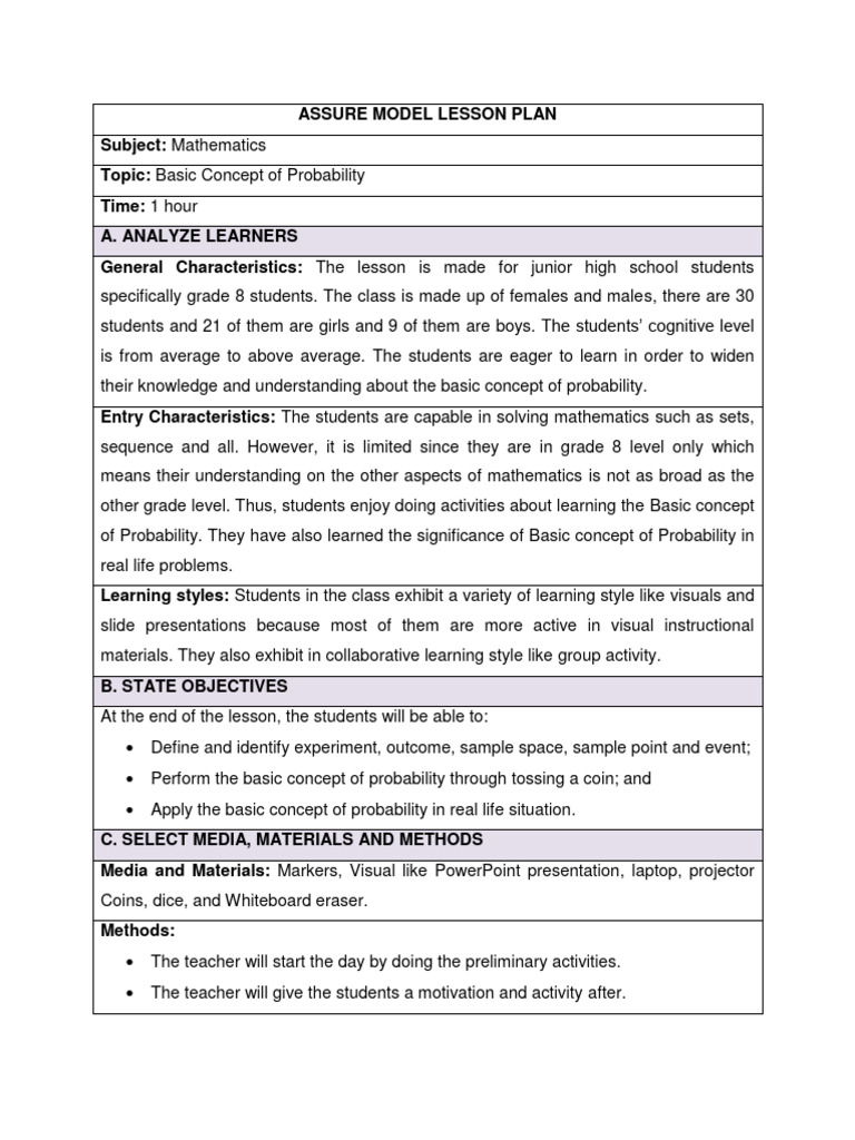 ASSURE MODEL LESSON PLAN (Castromayor) | PDF | Learning | Learning Styles
