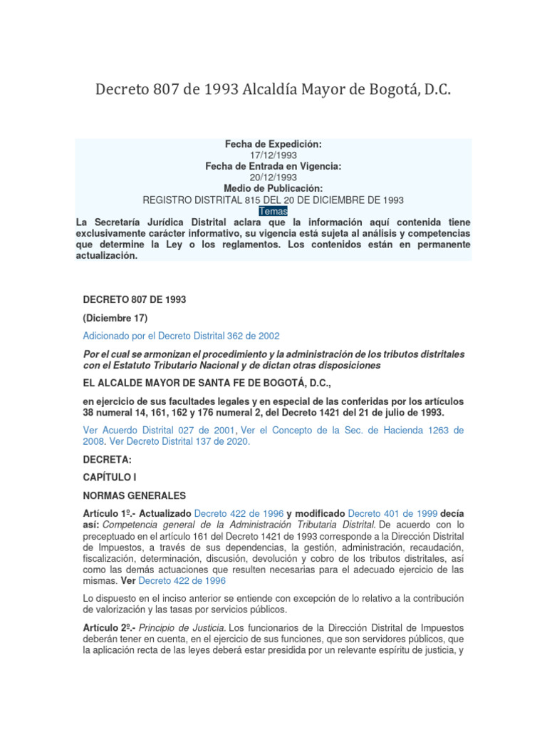Decreto 807 de 1993 Alcaldía Mayor de Bogotá | PDF | Contabilidad | Impuestos