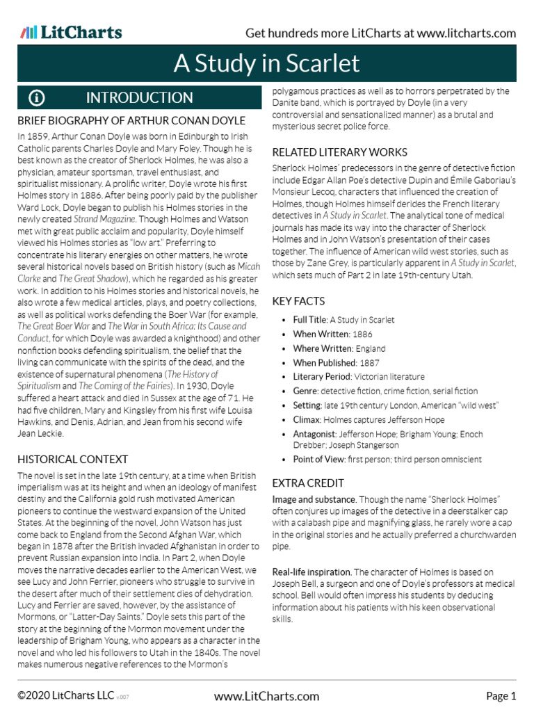 A Study in Scarlet LitChart | Download Free PDF | Sherlock Holmes | Dr. Watson
