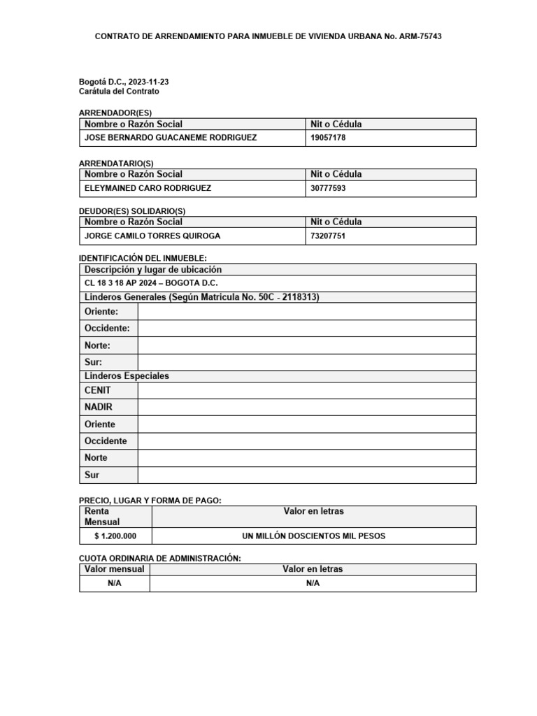Contrato Arrendamiento Bogotá ARM-75743 | PDF | Pagos | Daños y perjuicios