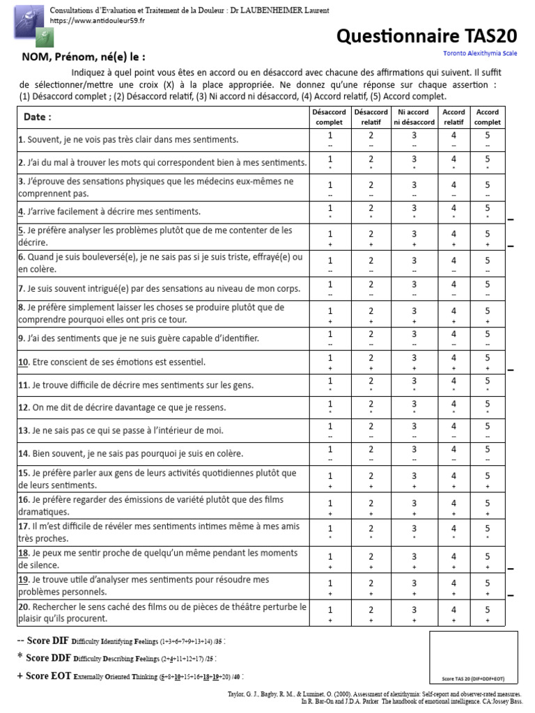 Questionnaire TAS-20 sur l'Alexithymie | PDF