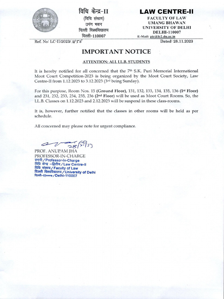 Notice For Classes Regarding 7th S.K. Puri Memorial International Moot ...