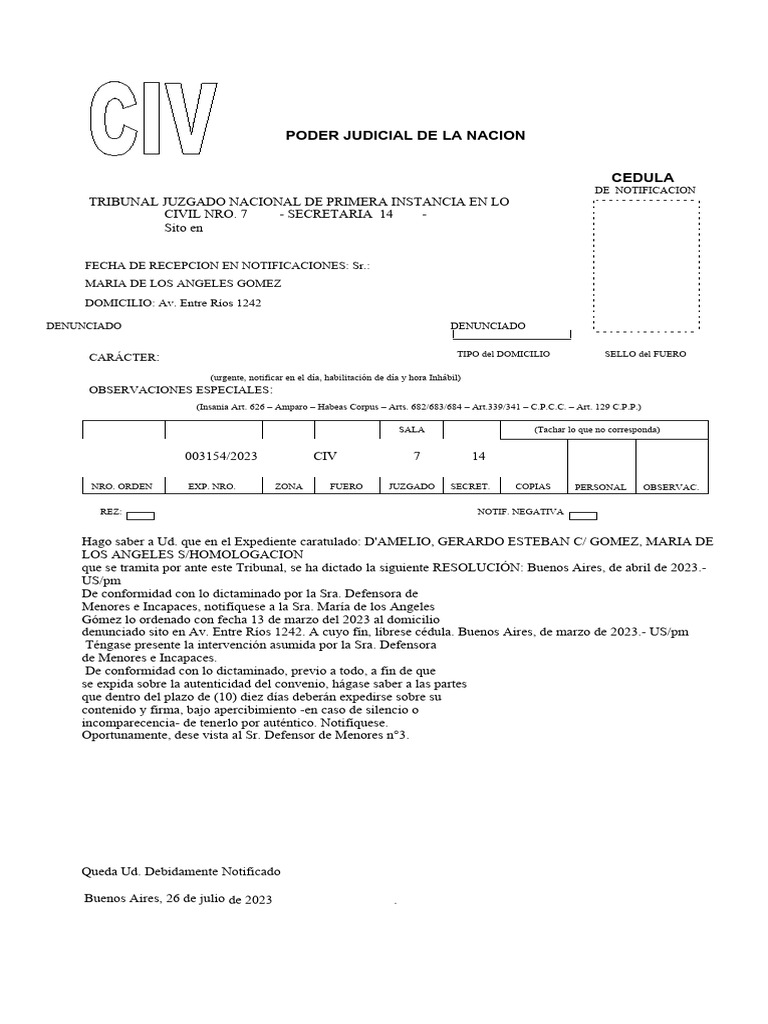 FORM Civil PJN Cedula Notificacion | PDF | Gobierno | Justicia